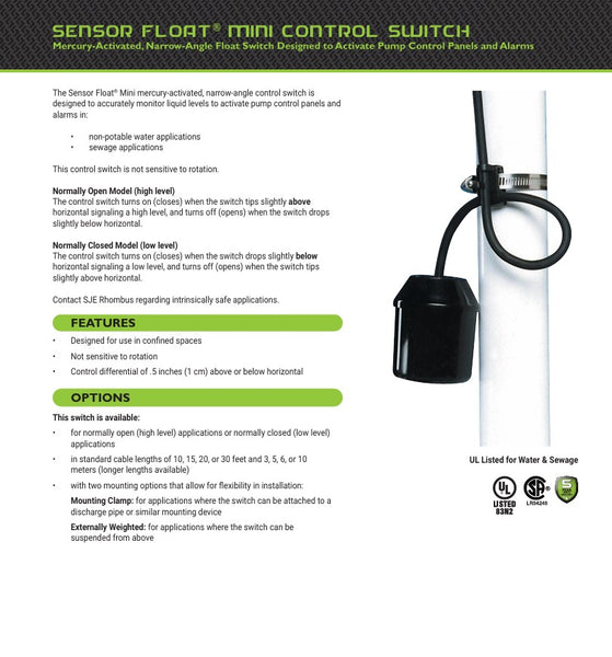 SJE Rhombus Sensor Float Mini Float Switch 10FT (Mercury) – Septic Stop